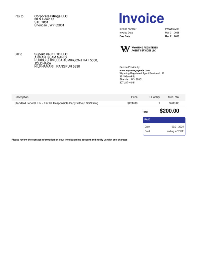 Invoice for EIN Tax ID Service | PDF