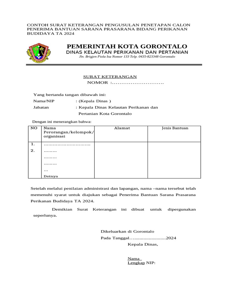 CONTOH SURAT KETERANGAN PENGUSULAN PENETAPAN CALON PENERIMA BANTUAN ...