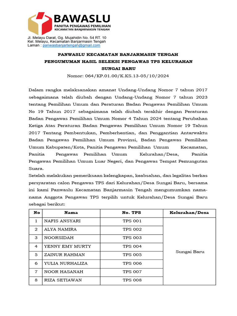 Pengumuman Ptps Terpilih Sungai Baru | PDF