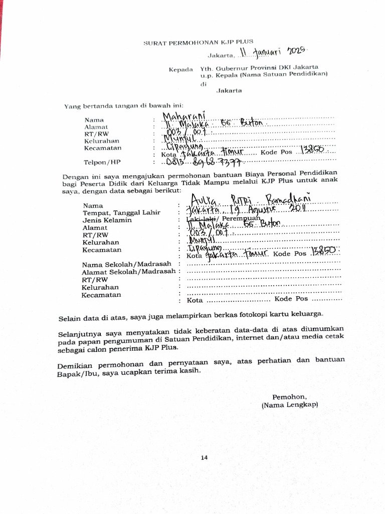 Surat Permohonan KJP - Maharani Rani | PDF