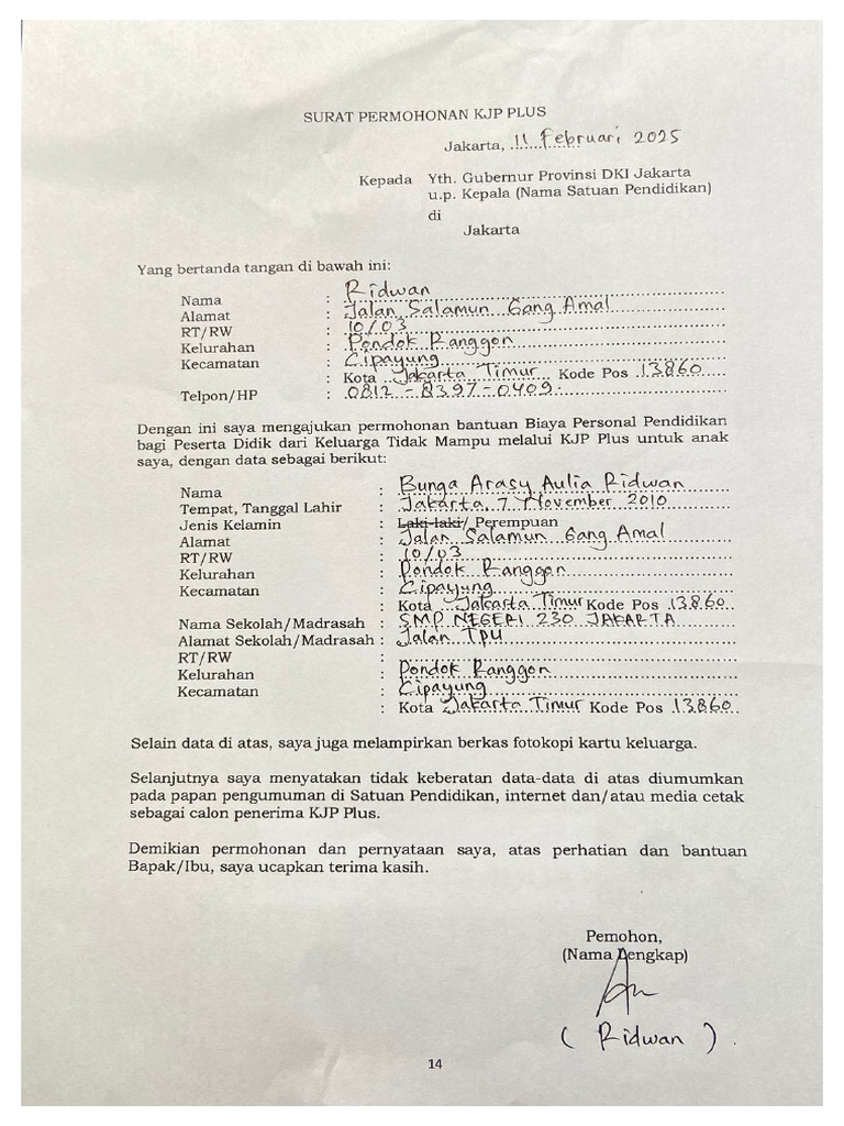 Permohonan KJP Bunga Arasy - Damaryo Sheeva Yusuf Al Maliq | PDF