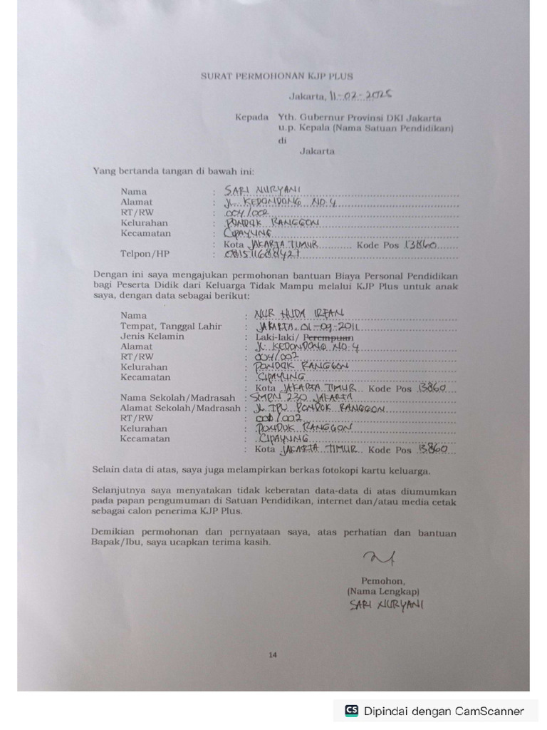 Surat Permohonan KJP Tmen Iki - Ahmad Bayhaki | PDF