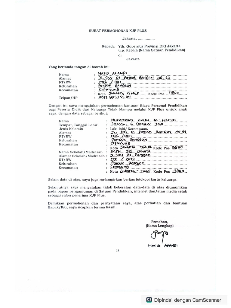 Surat Permohonan KJP Plus M. Alvin - Hafid Affandy | PDF