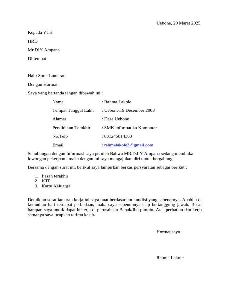 Surat Lamaran MR DIY | PDF
