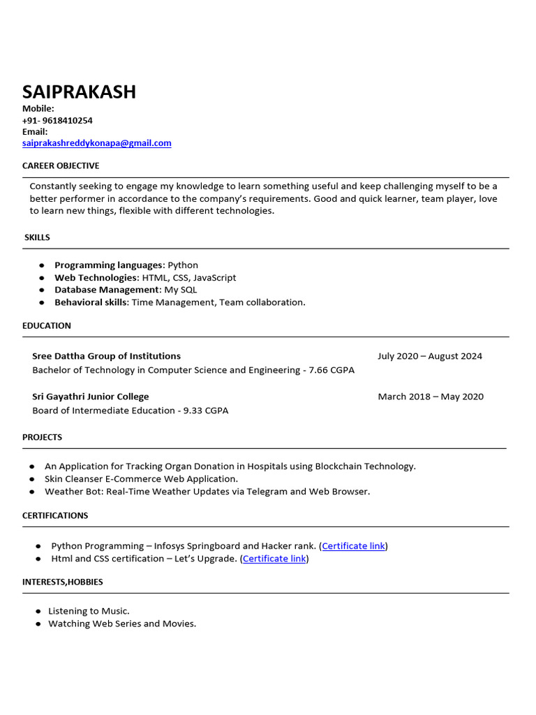 Sai Prakash Resume | PDF