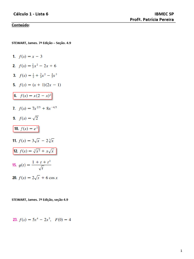 2023.1 Calc1 Lista6-Aluno | PDF