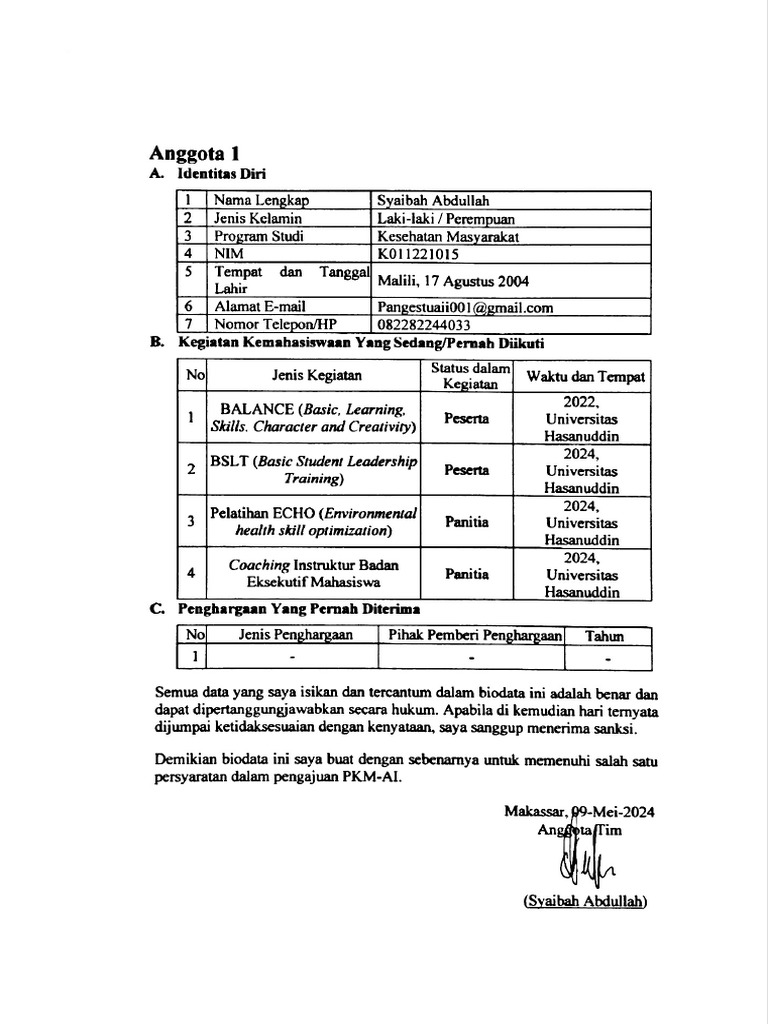 Contoh Data Diri PKM | PDF