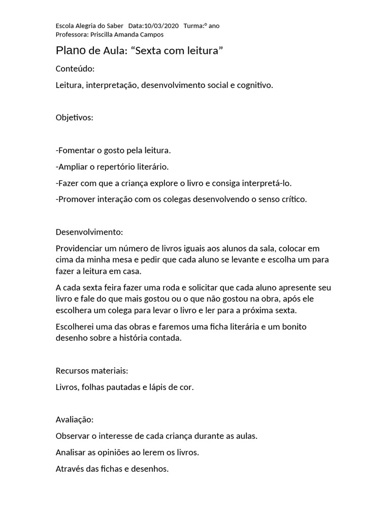 Plano de Aula Leitura 5° Periodo | PDF