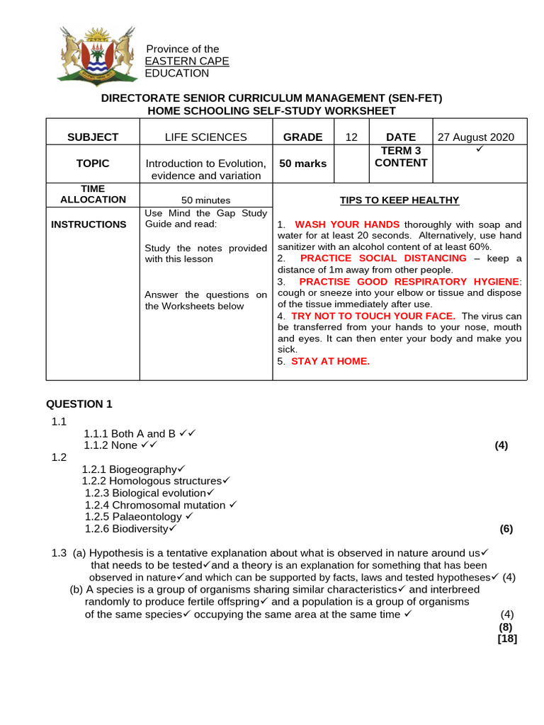 00 Life Sciences Grade 12 Worksheet Memo Introduction To Evolution - Evidence - Variation | PDF ...