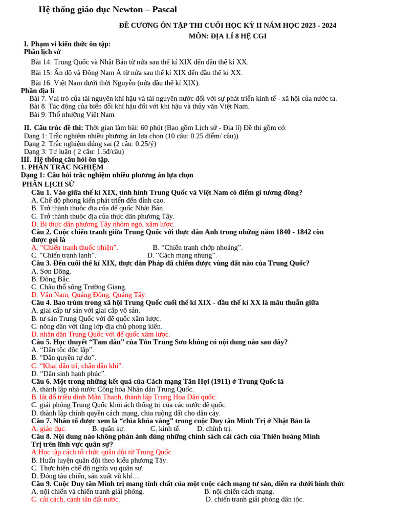 ĐA ĐỀ CƯƠNG LS - ĐL GIỮA HKII ĐỊA 8 HỆ CGI | PDF