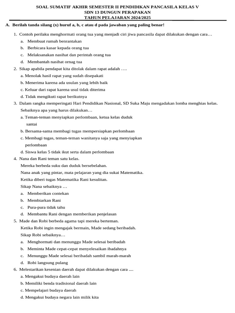 Soal SAS PPKN Kelas 5 SIP | PDF