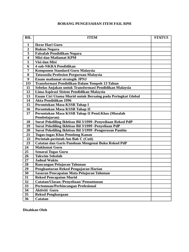 Borang Pengesahan Item Fail RPH | PDF