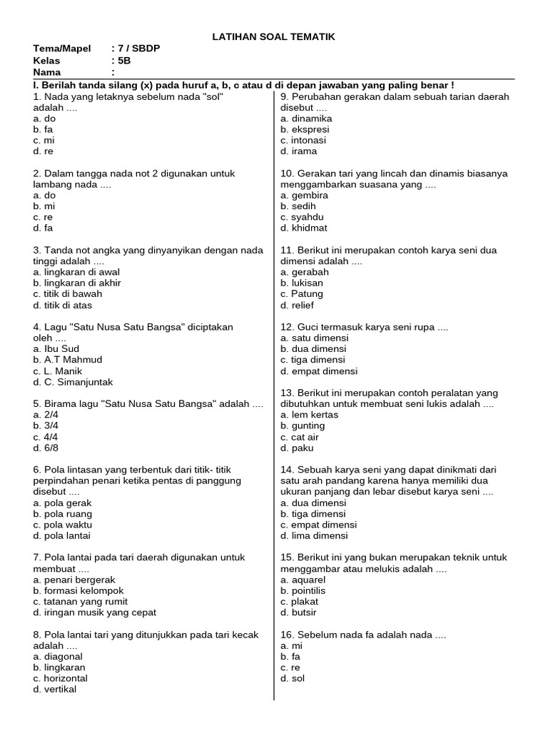 LATIHAN SOAL TEMATIK TEMA 7 SBDP | PDF