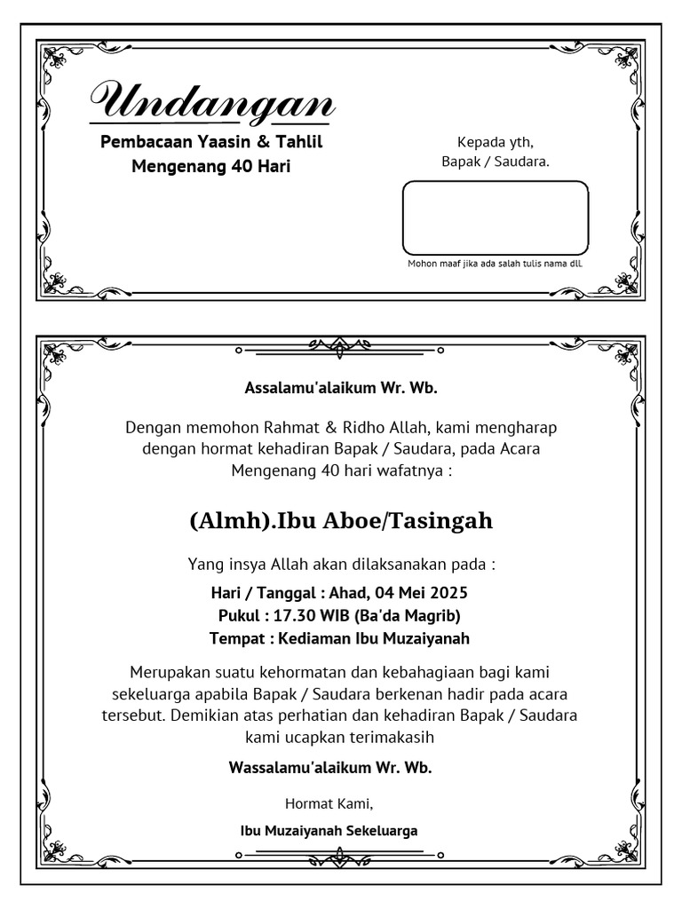 Putih Hitam Minimalis Klasik Undangan Yasin Dan Tahlil - 20250503 ...