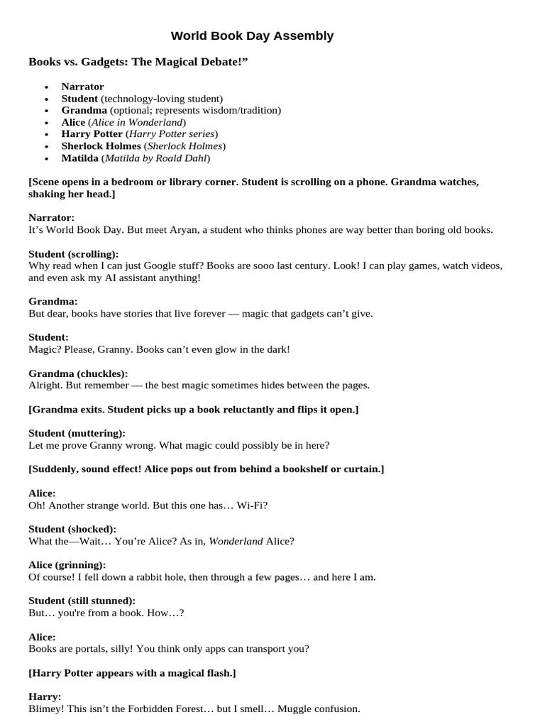 2 World - Book - Day - Assembly - Script | PDF