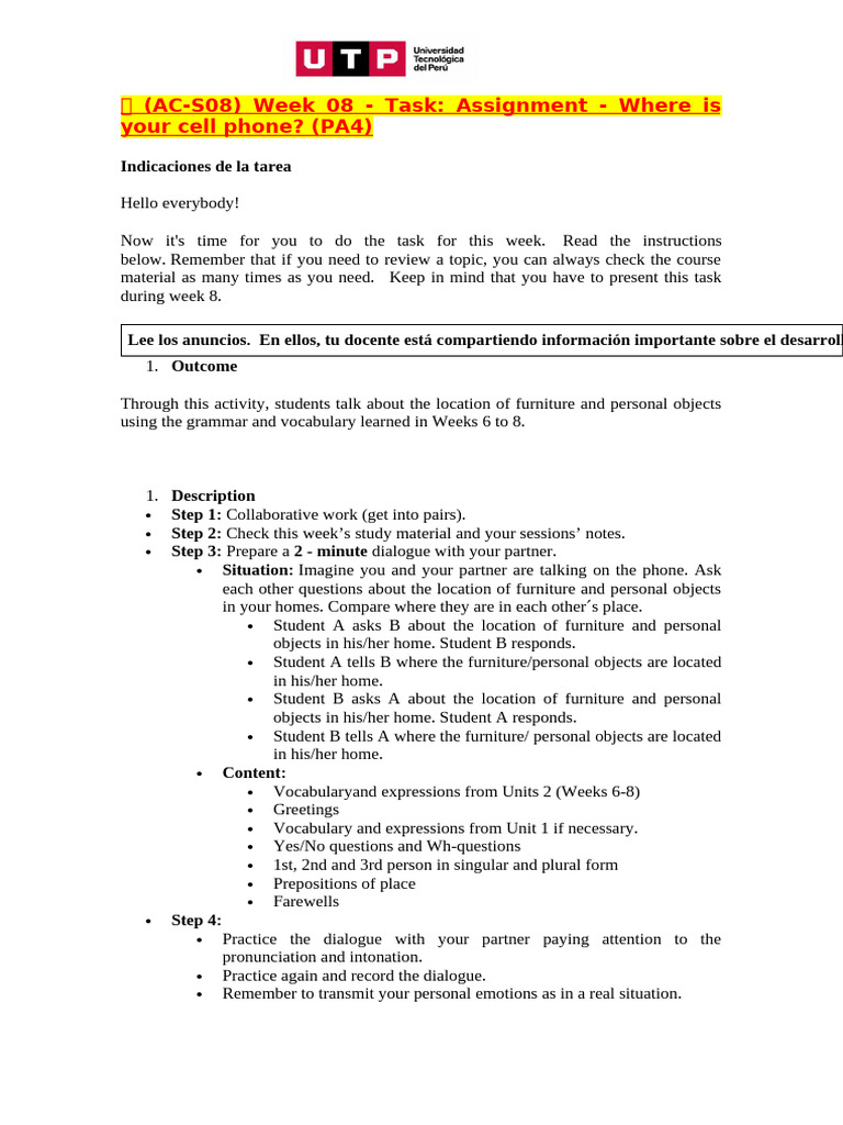 ? (AC-S08) Week 08 - Task Assignment - Where Is Your Cell Phone (PA4) (INGLES 1) | PDF ...