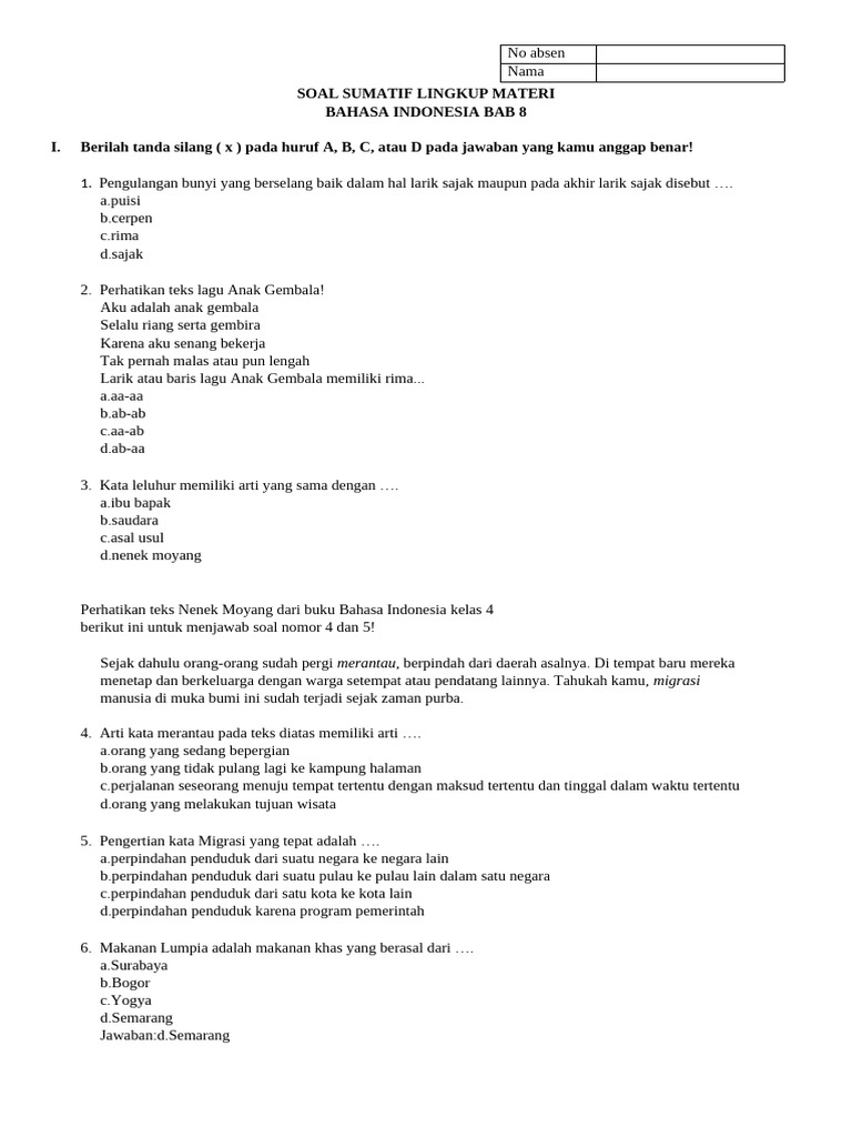 Soal Sumatif Lingkup Materi B. Indonesia Bab 8 | PDF