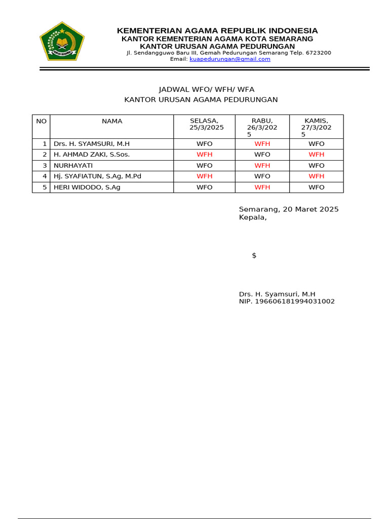 WFH-WFO Gunungpati - TTE | PDF