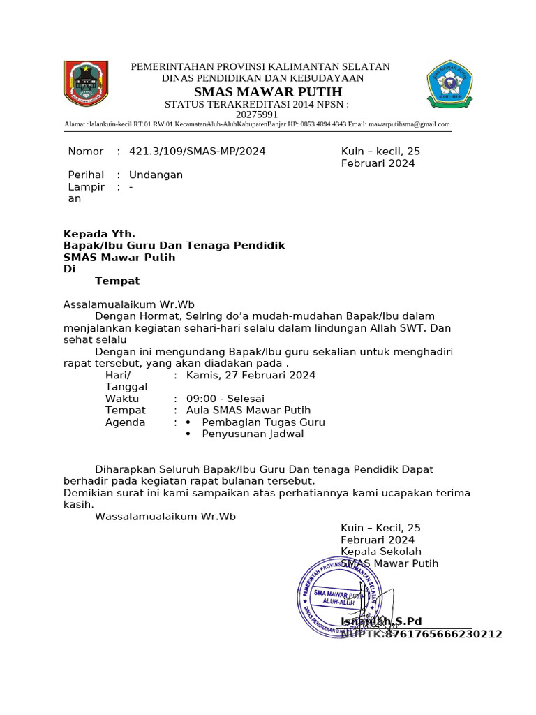 Surat Undangan Rapat Penyusunan Jadwal | PDF