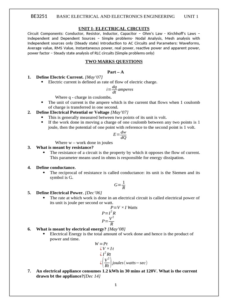 Be3251 Unit 1 | PDF | Electrical Network | Ac Power