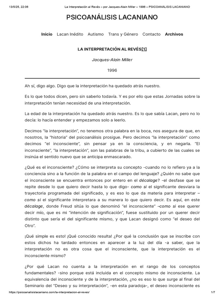 La Interpretación al Revés – por Jacques-Alain Miller – 1996 – PSICOANÁLISIS LACANIANO | PDF ...