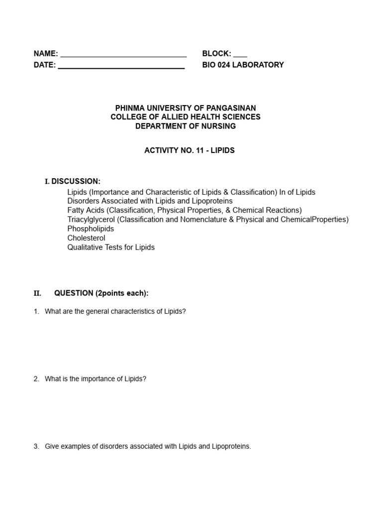 (BIO 024) LAB ACTIVITY 11_ LIPIDS | PDF