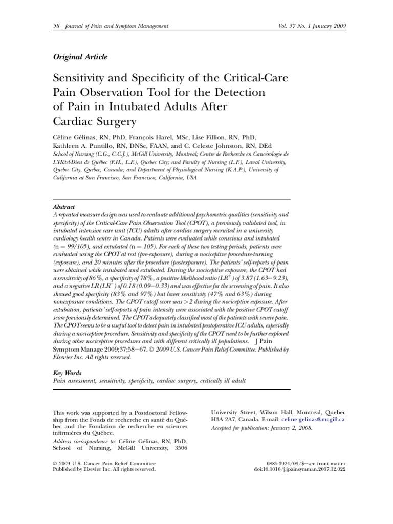 CPOT Score Sensitivity in ICU Pain Detection | PDF | Pain | Intensive ...
