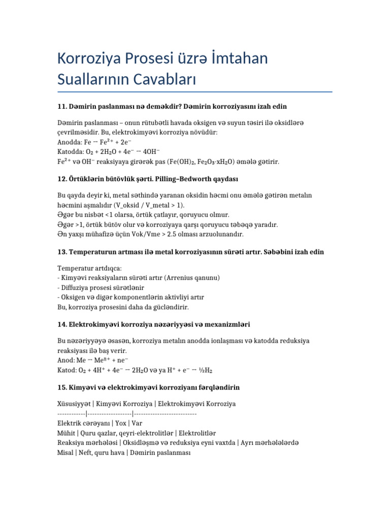 Korroziya Imtahan Cavabları 11-15 | PDF