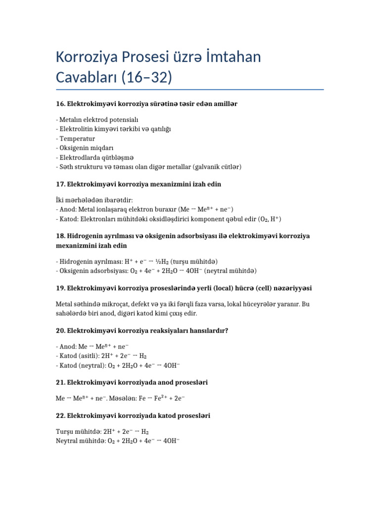 Korroziya Imtahan Cavabları 16-32 | PDF