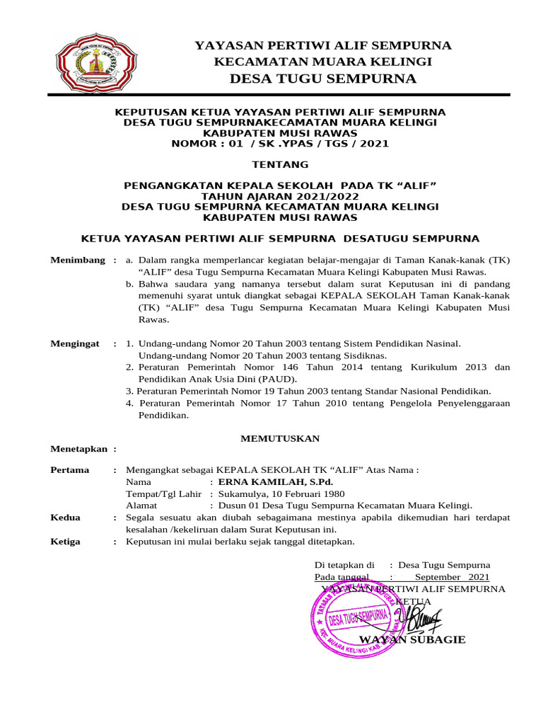 SK KEPALA SEKOLAH TK, PAUD ALIF (Dari Yayasan) | PDF
