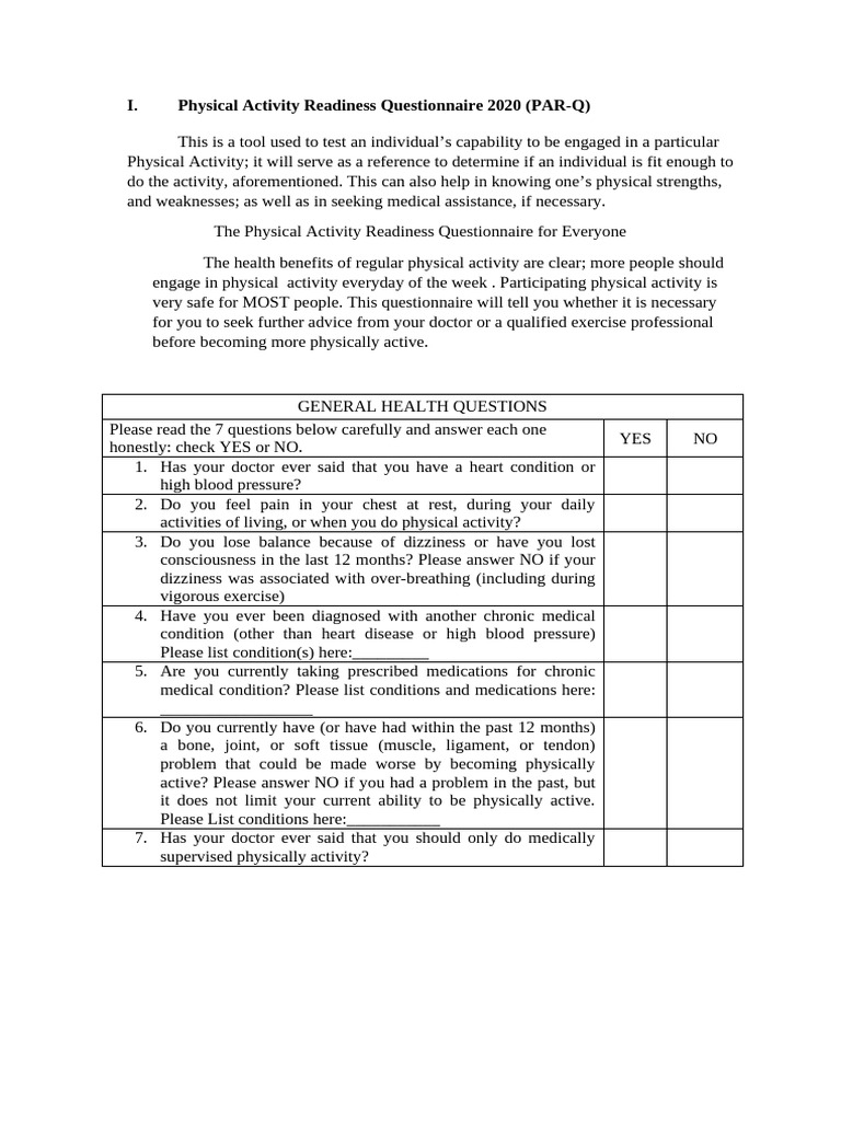 Physical Activity Readiness Questionnaire 2020 | PDF | Physical Fitness ...