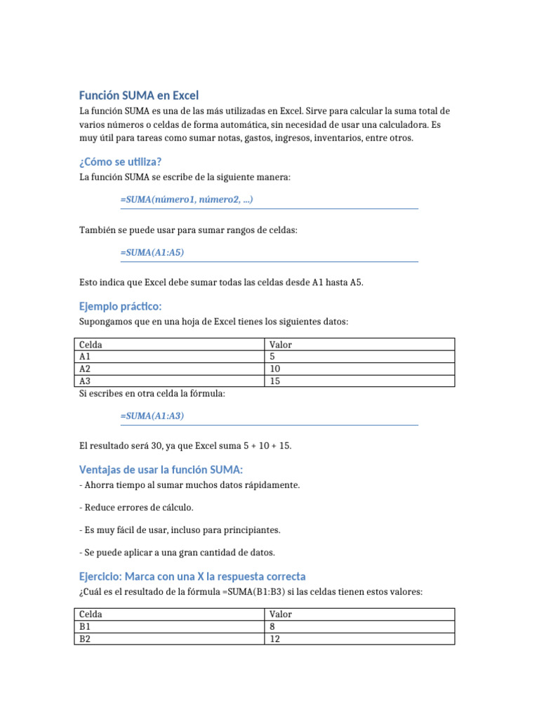 Funcion SUMA Excel | PDF