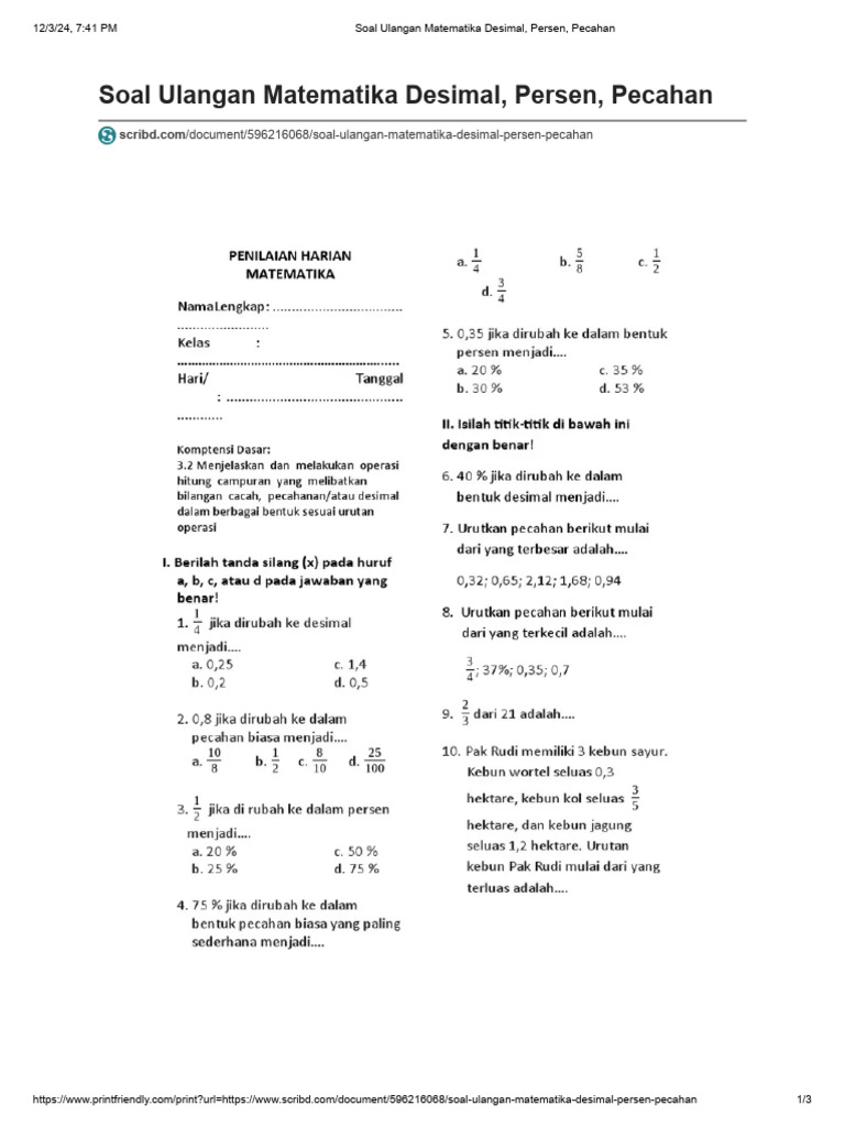 Soal Ulangan Matematika Desimal, Persen, Pecahan KELAS 4 | PDF