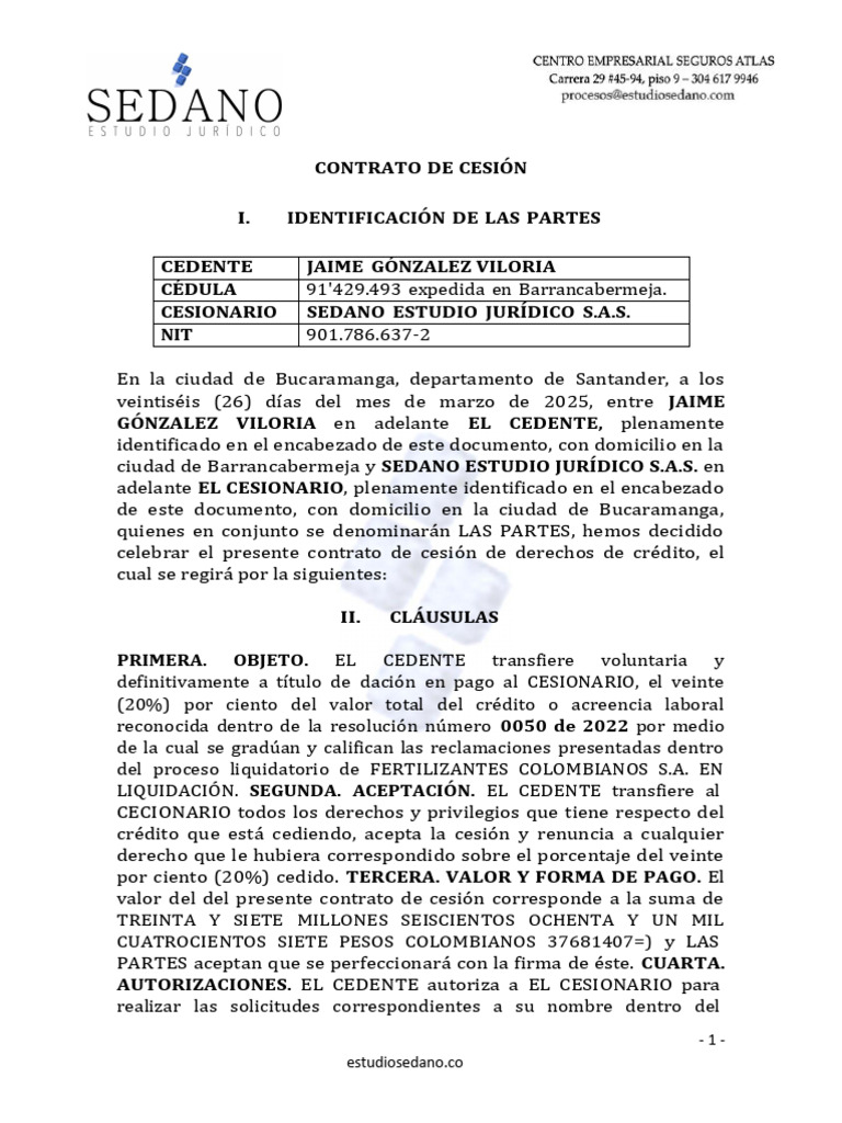 Contrato de Cesión Jaime Gonzalez Viloria | PDF