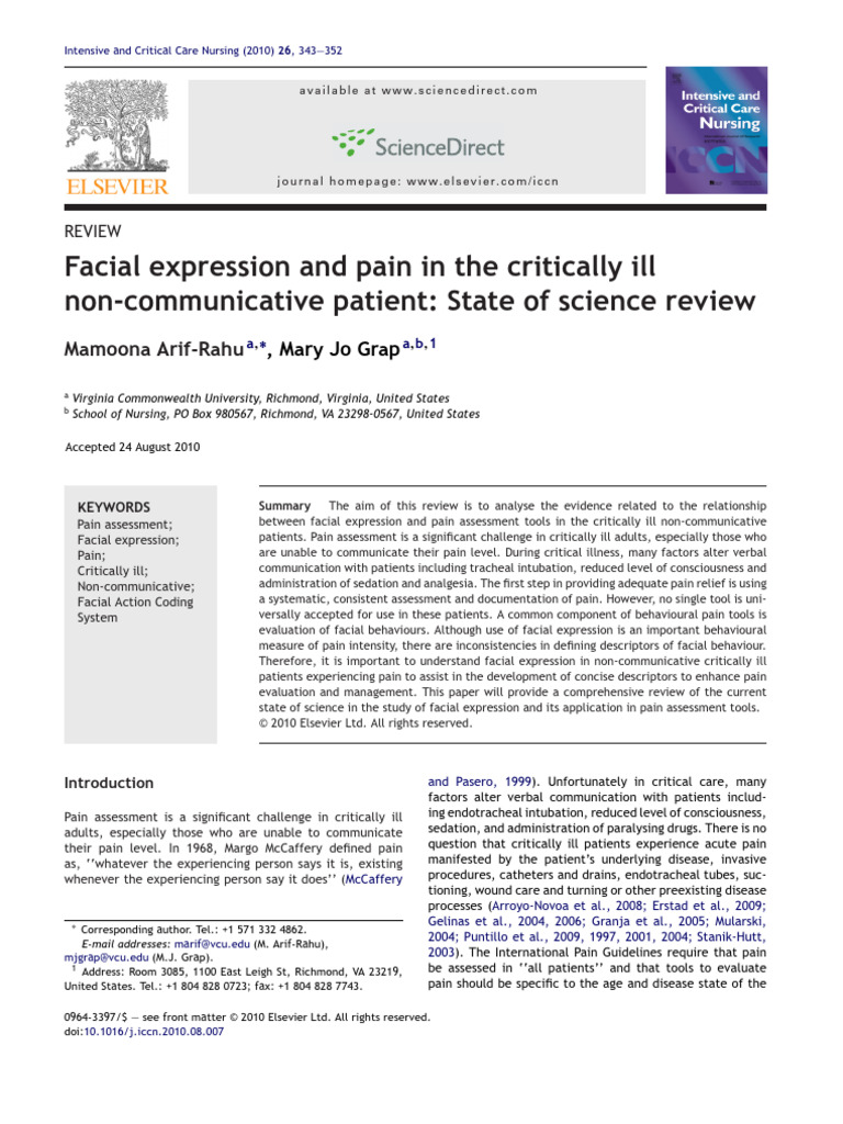 facial expresion and pain in illnes critical care | PDF | Pain ...