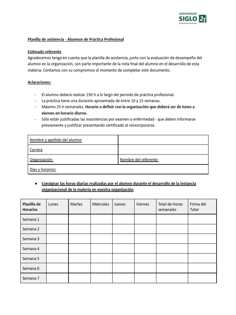 Planilla de Asistencia - Alumnos de Práctica Profesional | PDF