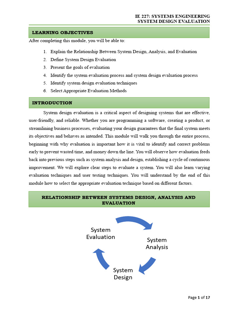 SYSTEM DESIGN EVALUATION Module | PDF | Usability | Systems Engineering