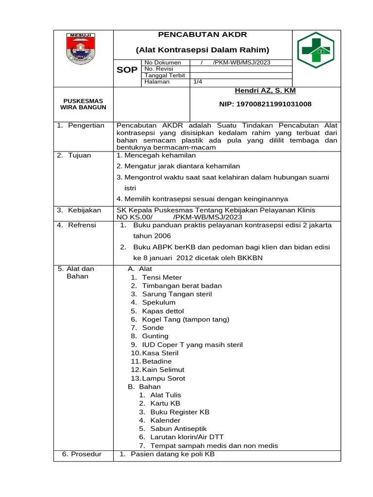 Prosedur Pencabutan AKDR di Puskesmas | PDF