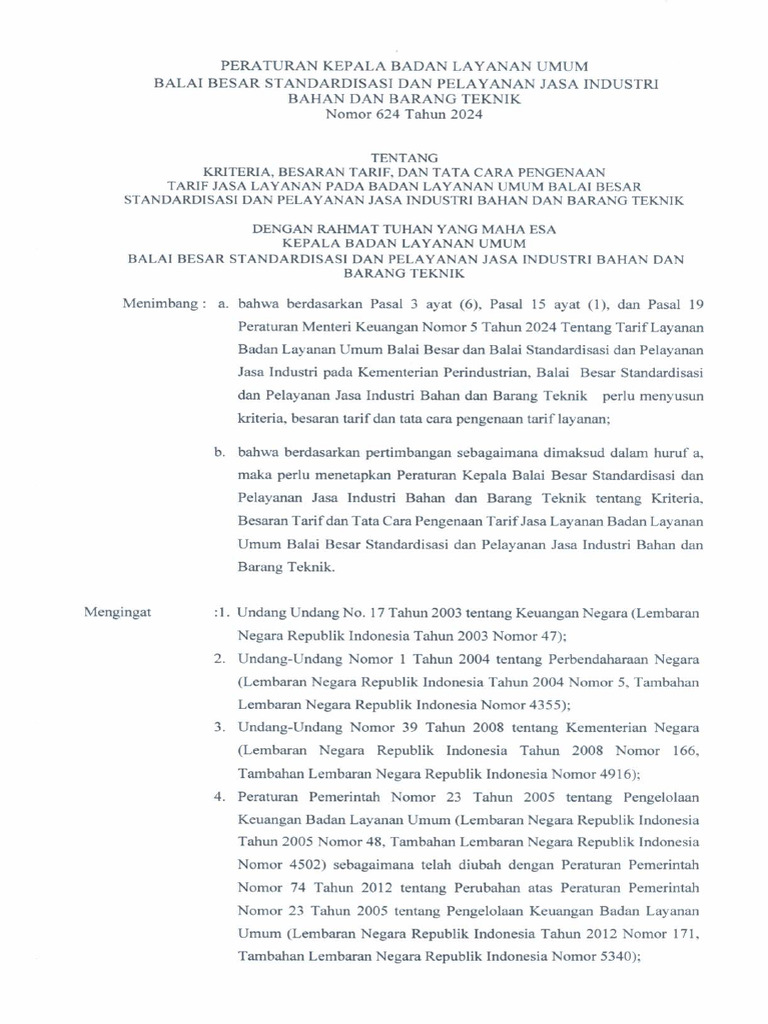 Perka 624 TTG Tarif B4T 2024 - Final 1 4 | PDF