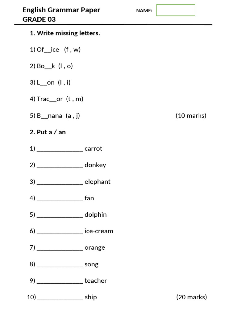 English Paper GRD 3 | PDF