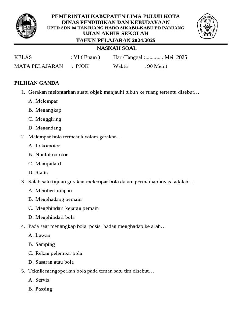 SOAL UAS PJOK KELAS 6 Tahun Ajaran 2024-2025 | PDF