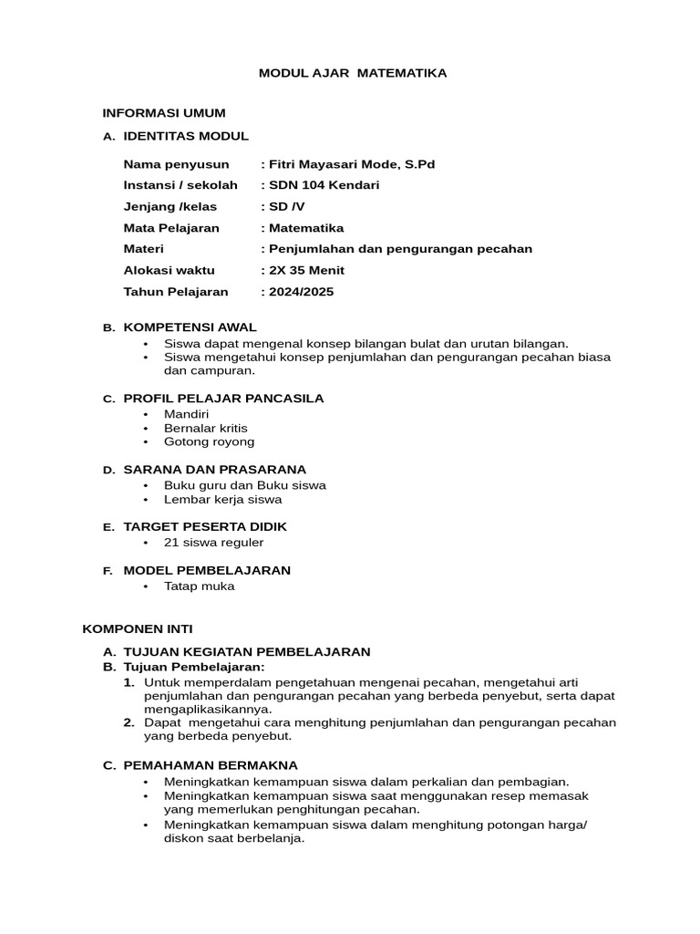 MODUL AJAR OBSERVASI MTK KLS 5 | PDF