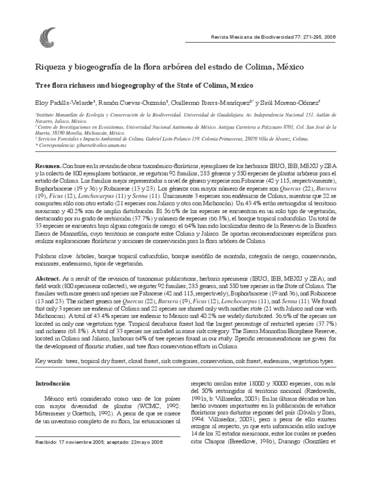Riqueza y Biogeografía de La Flora Arbórea Del Estado de Colima | PDF ...