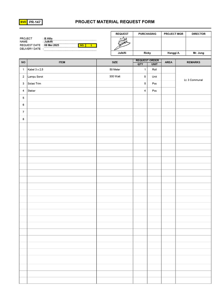 PR-147 Project Material Request | PDF