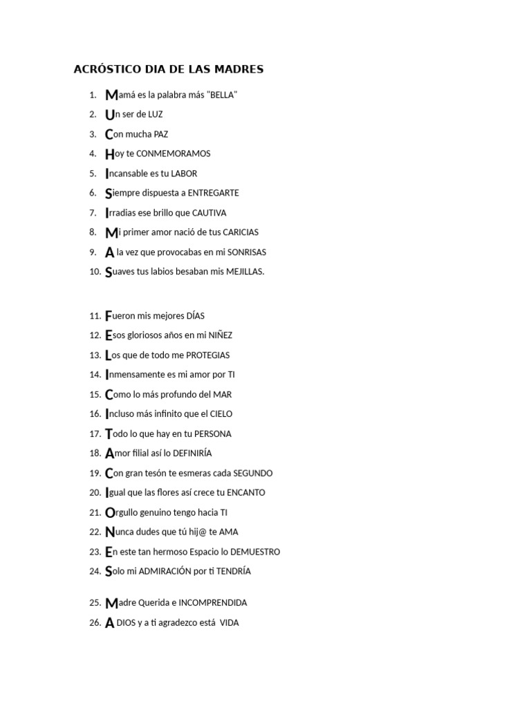 Acróstico Dia de Las Madres - 2025 | PDF