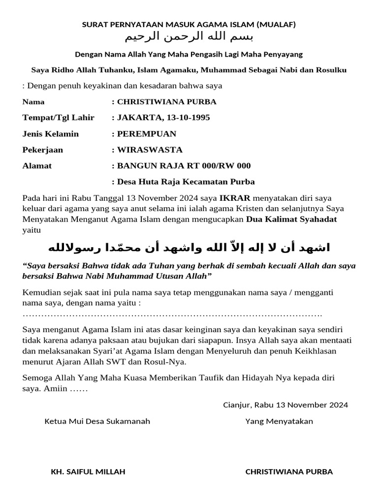 Surat Pernyataan Masuk Agama Islam | PDF