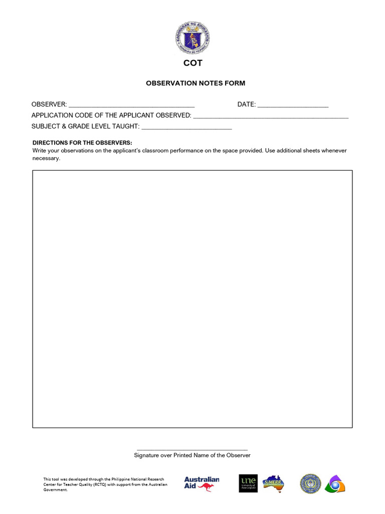 COT Observation Notes Form 2025 | PDF