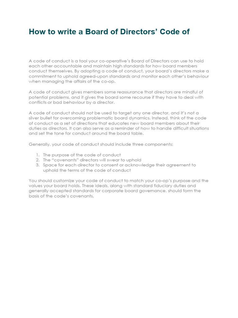 How to write a Board of Directors Code of Conduct for Cooperatives ...