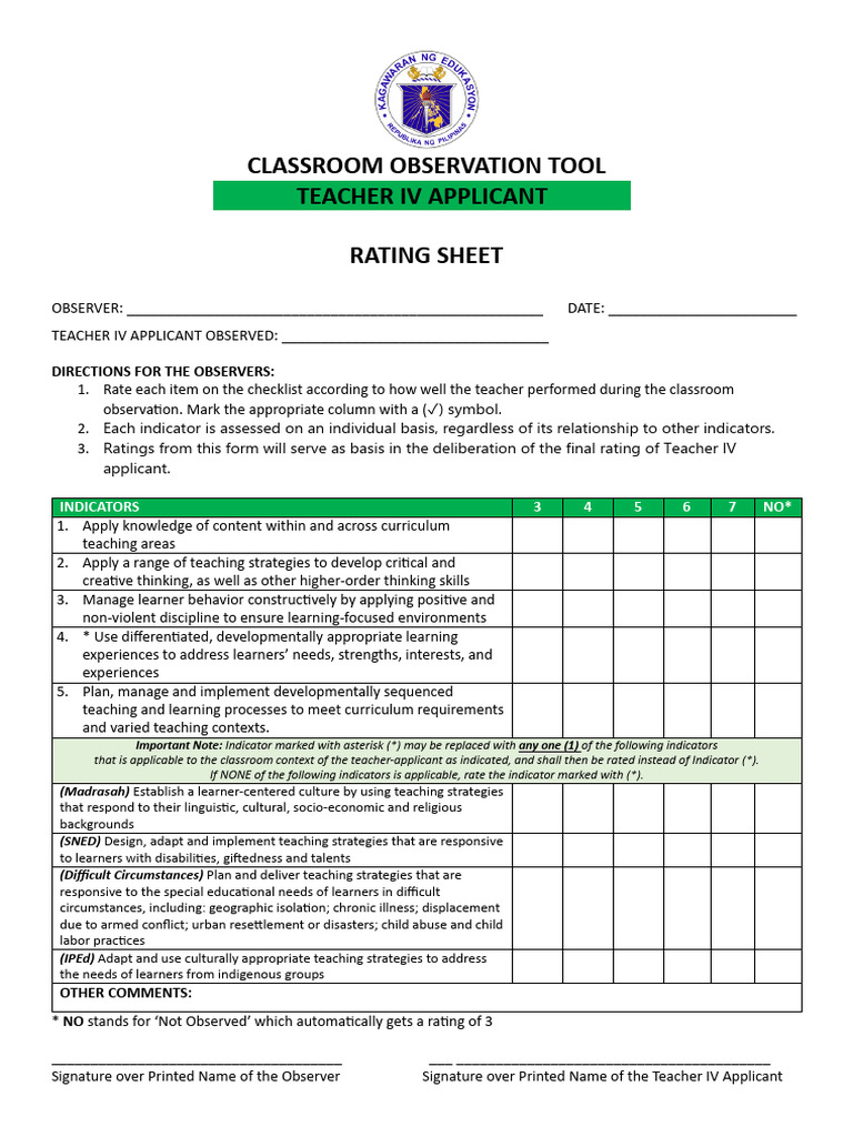 COT ECP Rating Sheet Teacher IV | PDF | Learning | Curriculum