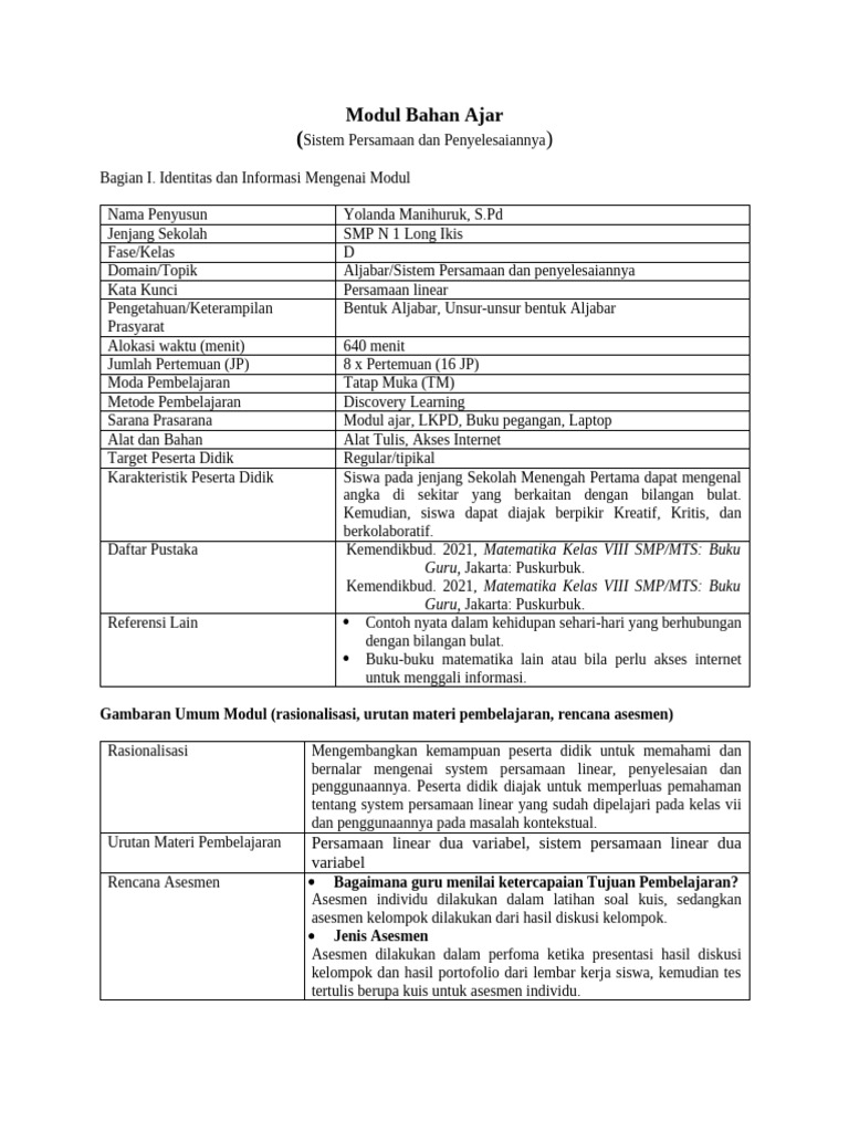 Modul Ajar Bab 2.1 Sistem Persamaan Linear Dua Variabel 16JP | PDF